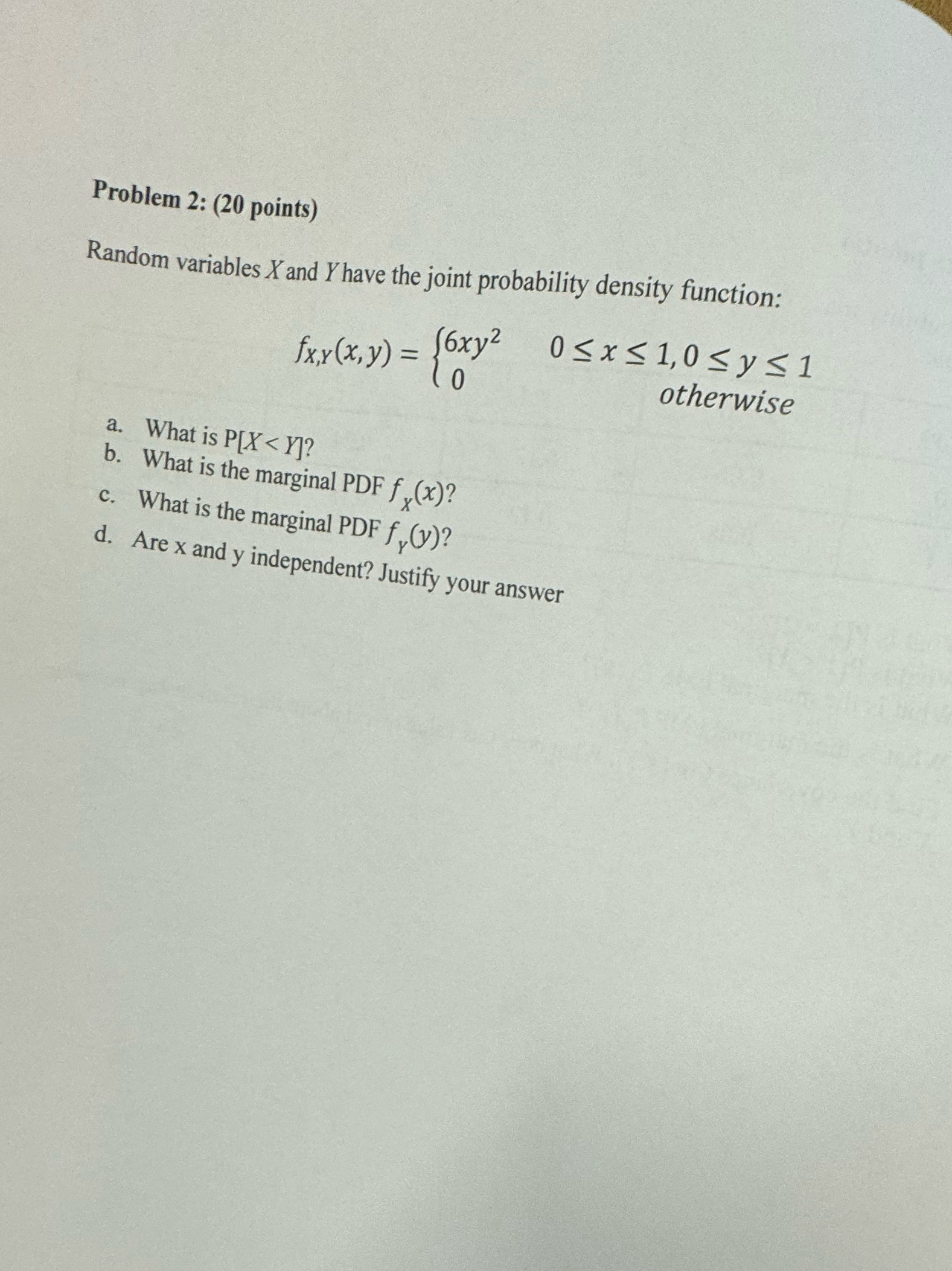 Solved Problem 2: (20 ﻿points)Random variables x ﻿and Y | Chegg.com