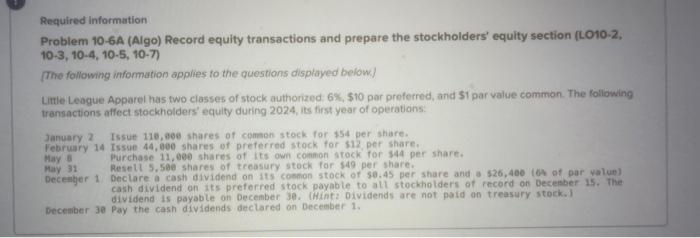 Solved Required information Problem 10-6A (Algo) Record | Chegg.com