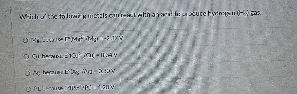Solved Which of the following metals can react with an acid | Chegg.com