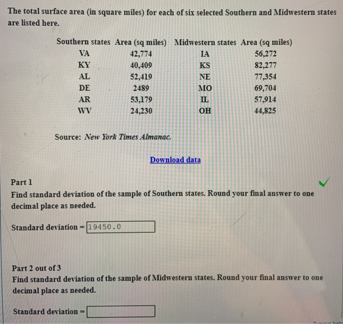 Solved The total surface area (in square miles) for each of | Chegg.com