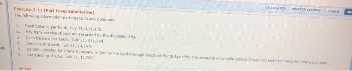 Solved CALCULATOR PRINTER VERSION Exercise 7-11 (Part Level | Chegg.com