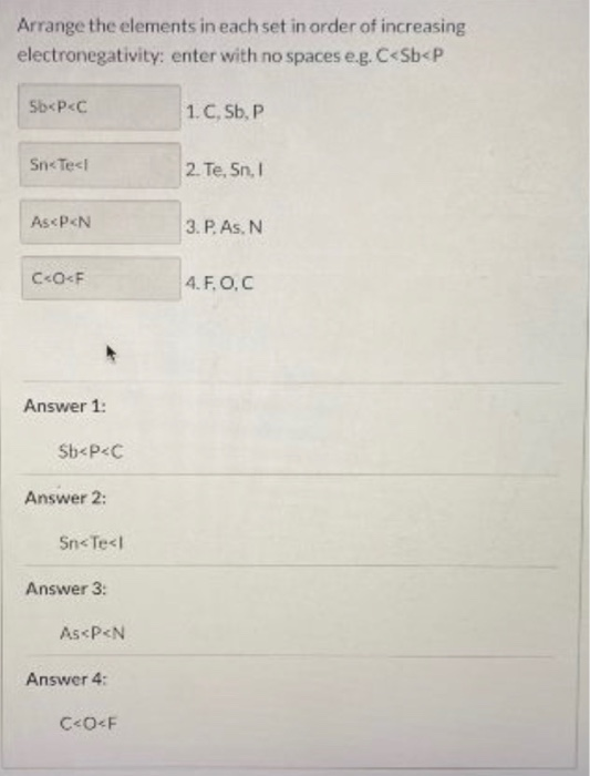 Solved Arrange the elements in each set in order of | Chegg.com
