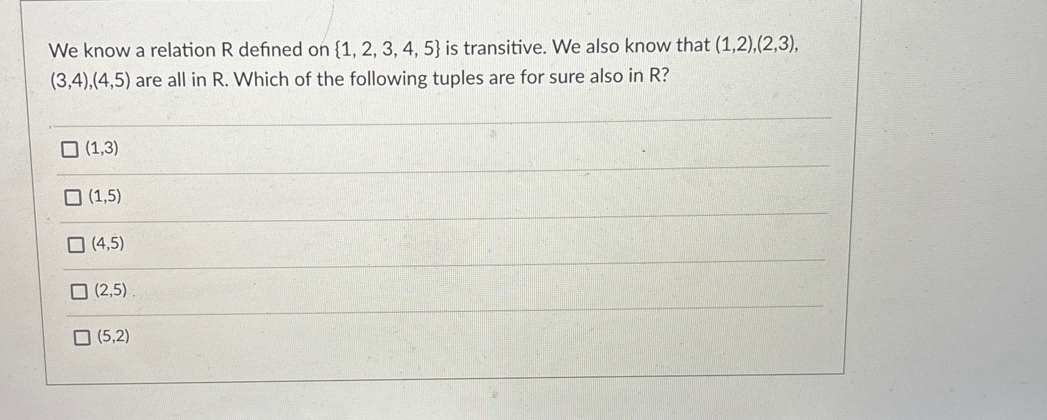 Solved We know a relation R ﻿defined on {1,2,3,4,5} ﻿is | Chegg.com