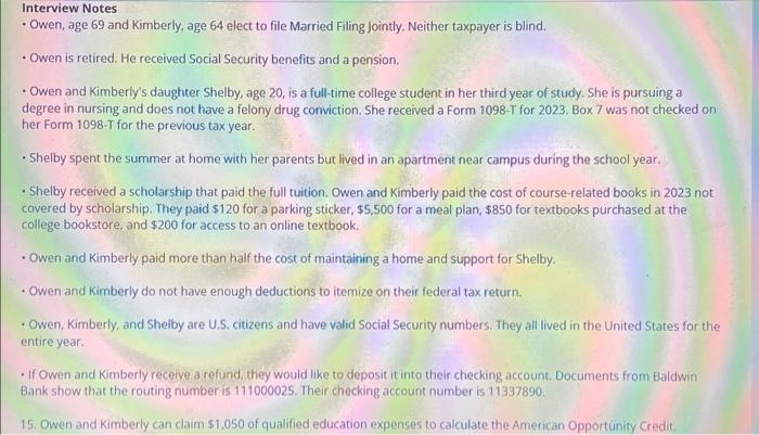 Solved - Owen, age 69 and Kimberly, age 64 elect to file | Chegg.com