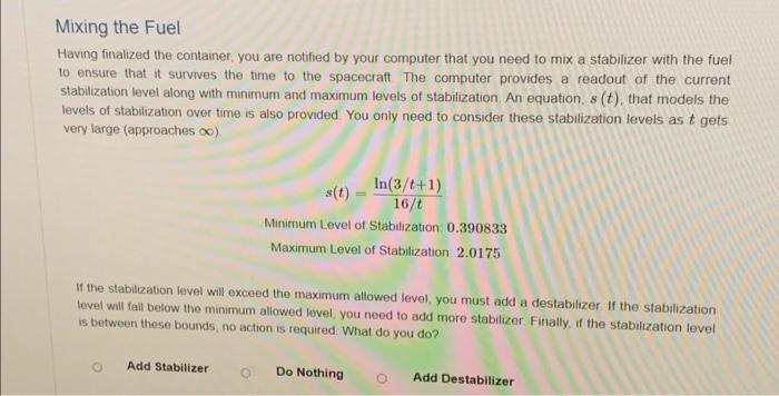 Solved Mixing the FuelHaving finalized the container, you | Chegg.com