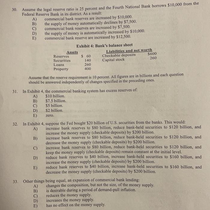 Solved 30. Assume the legal reserve ratio is 25 percent and | Chegg.com