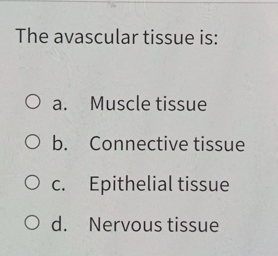 Solved The avascular tissue is: O a. Muscle tissue O b. | Chegg.com