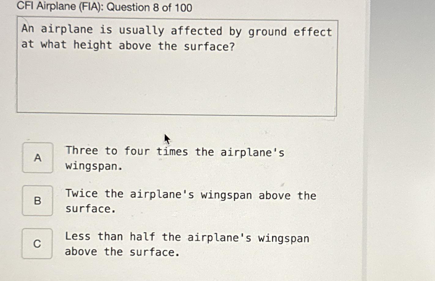 Solved CFI Airplane (FIA): Question 8 ﻿of 100An airplane is | Chegg.com