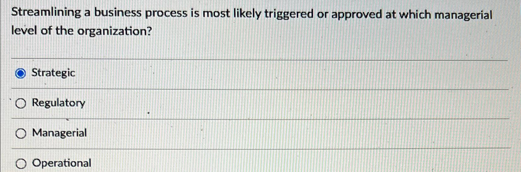 Solved Streamlining a business process is most likely | Chegg.com
