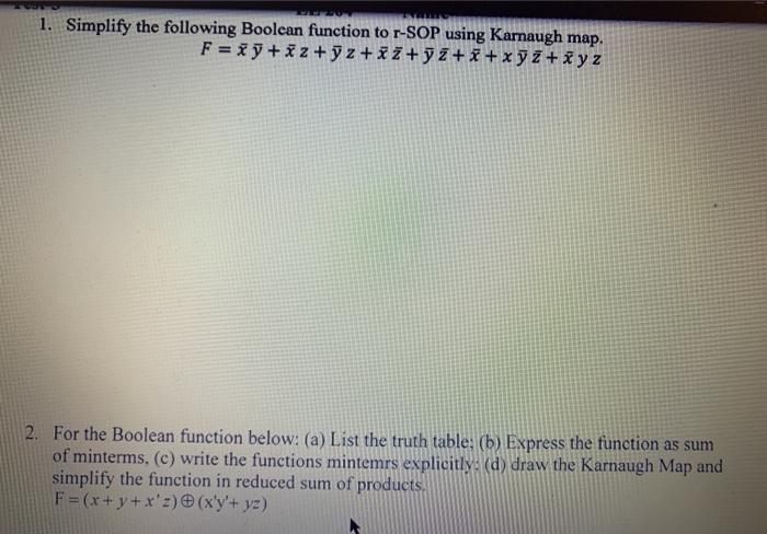 Solved 1 Simplify The Following Boolean Function To R Sop 7148