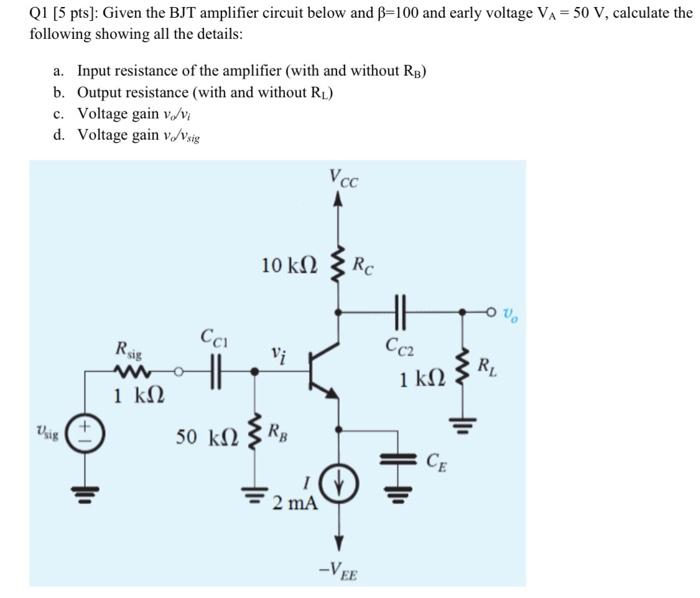 Solved Q1 [5 pts]: Given the BJT amplifier circuit below and | Chegg.com
