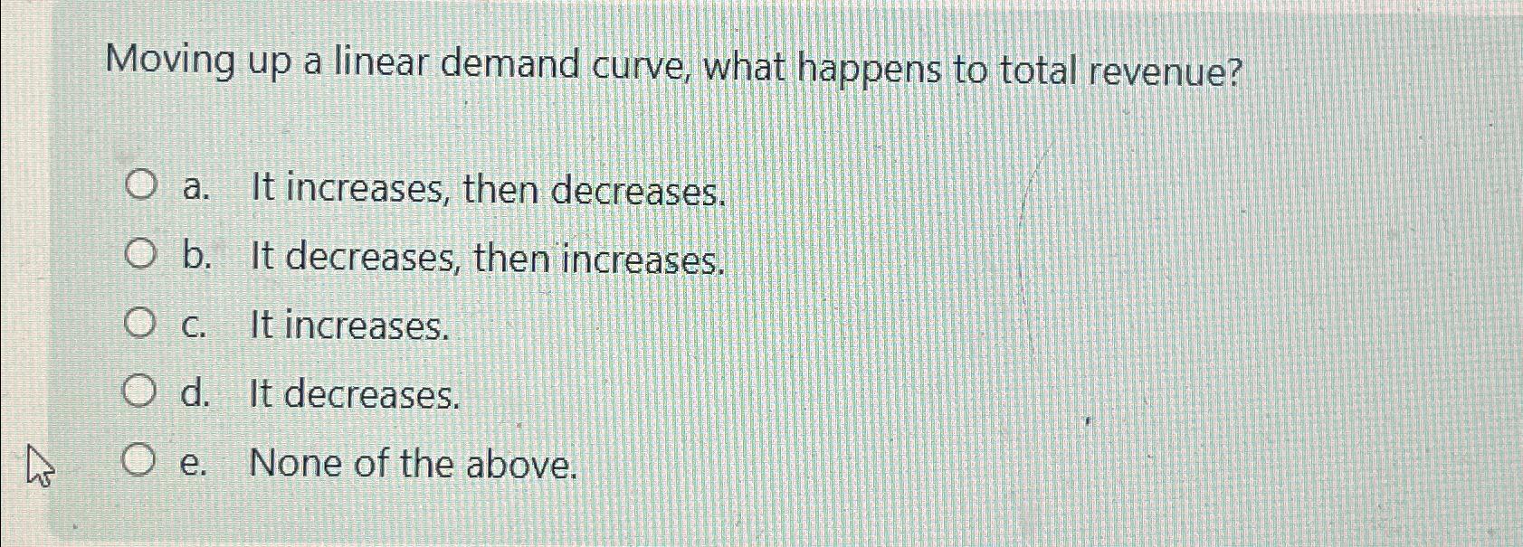 Solved Moving up a linear demand curve, what happens to | Chegg.com