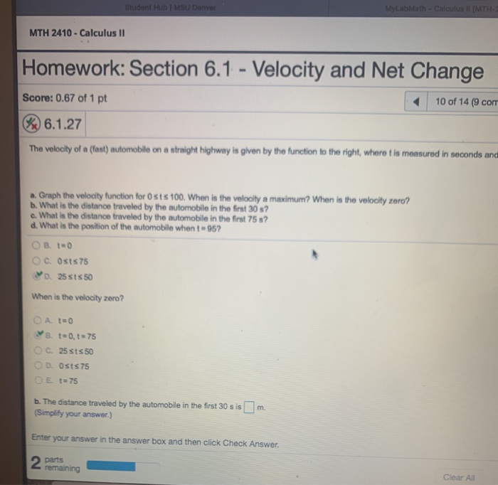 Student Hub I MSU Danver MyLab Math - Calculus II | Chegg.com