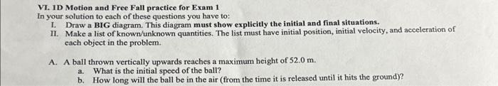 VI. 1D Motion and Free Fall practice for Exam 1 In | Chegg.com