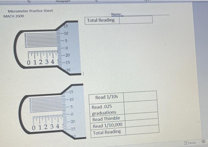 Micrometer Practice Sheet MACH 2600 Name: -15 -10 | Chegg.com