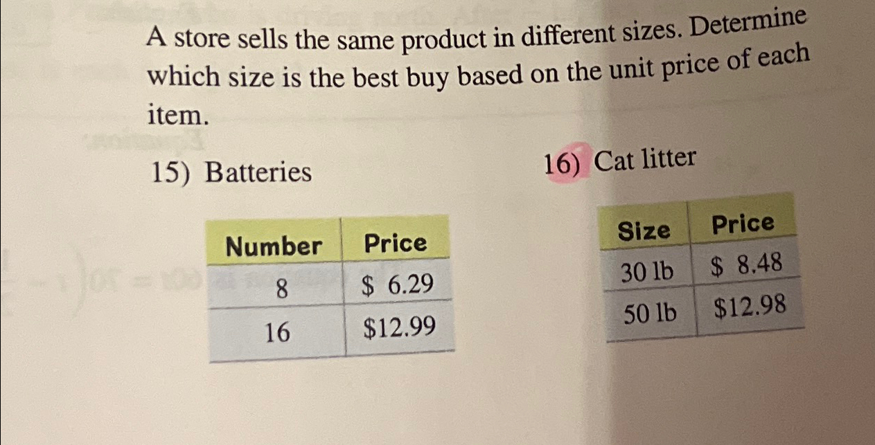 Solved A store sells the same product in different sizes. | Chegg.com