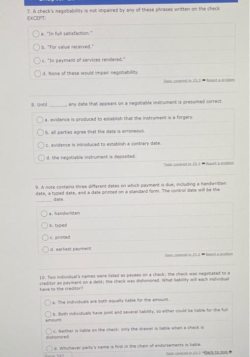 Solved 7. A check's negotiability is not impaired by any of | Chegg.com