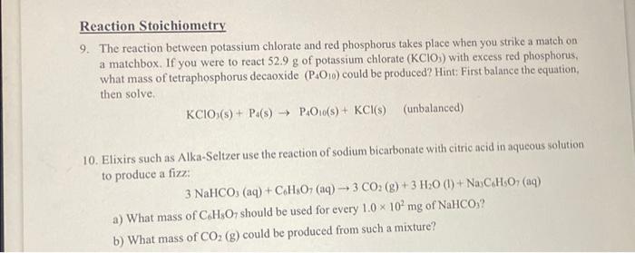 Solved Reaction Stoichiometry 9. The reaction between | Chegg.com