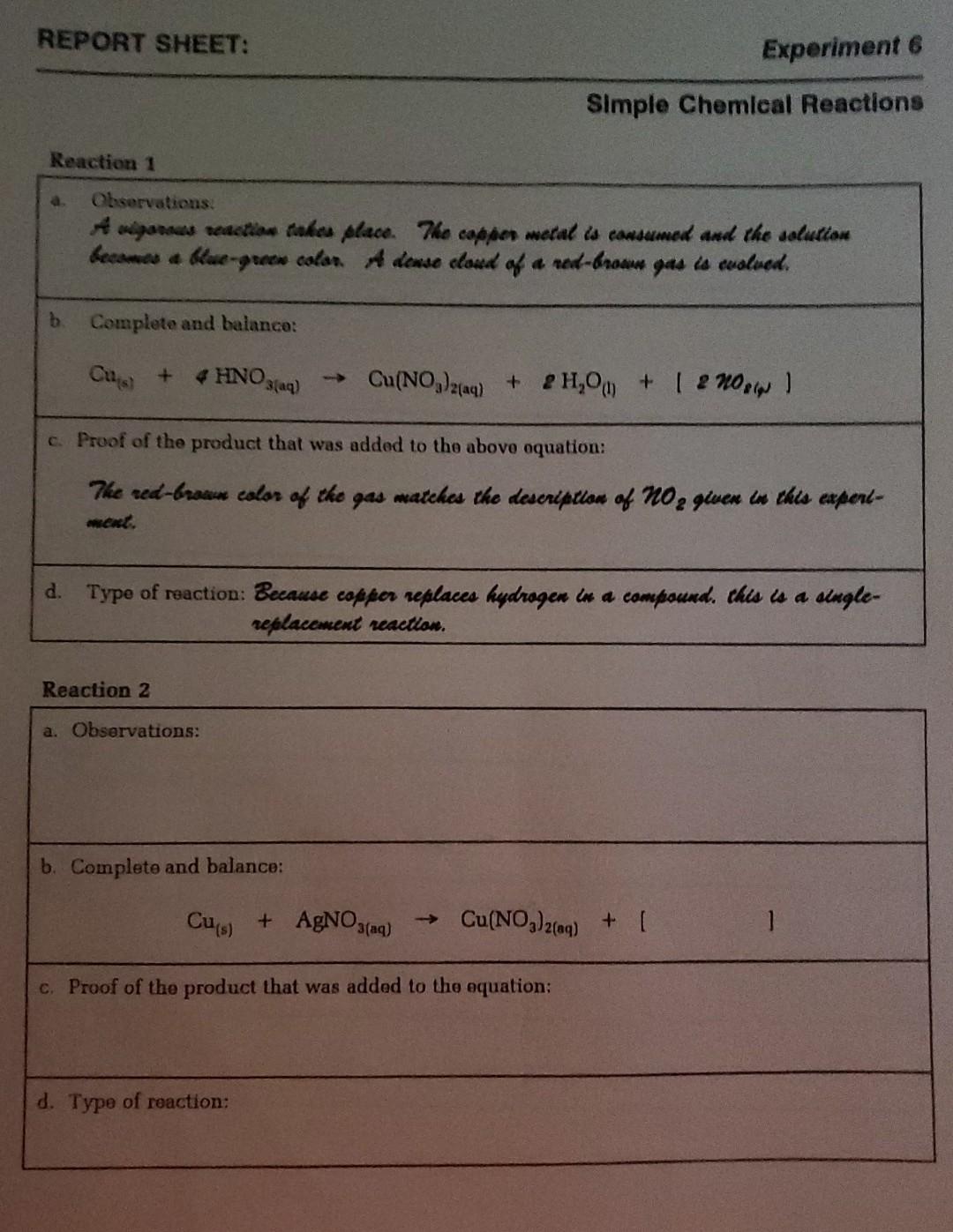 experiment 6 simple chemical reactions Solved report sheet: experiment ...