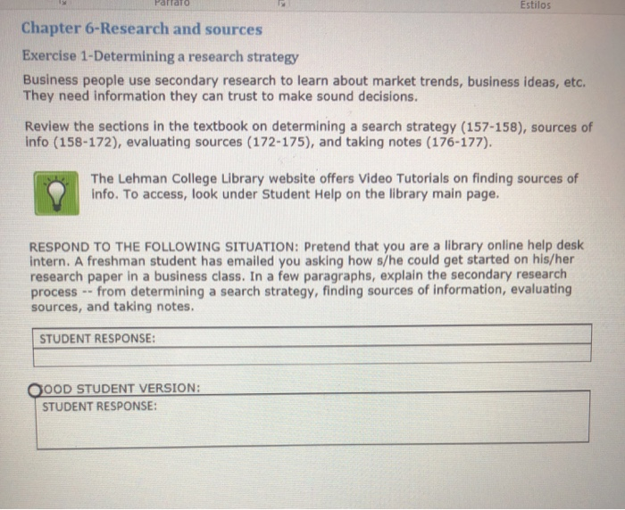 Solved Parfaro Estilos Chapter 6-Research and sources | Chegg.com