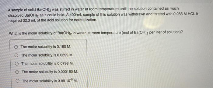 Solved A sample of solid Ba(OH)2 was stirred in water at | Chegg.com