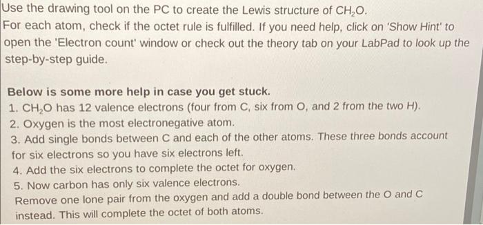Solved Lewis structure drawing tool H C H Show hint Use the | Chegg.com