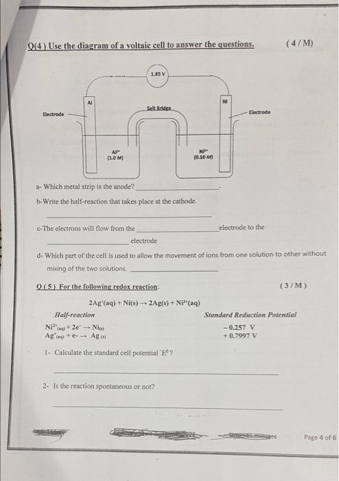 Solved Q(4) Use the diagram of a voltaic cell to answer the | Chegg.com