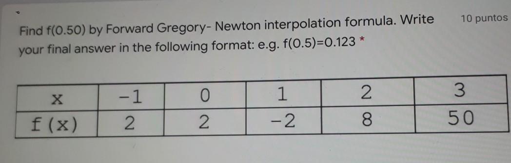 Solved 10 puntos Find f(0.50) by Forward Gregory- Newton | Chegg.com
