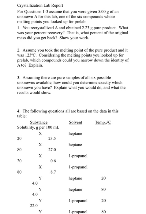 Crystallization Lab Report For Questions 1-3 assume | Chegg.com