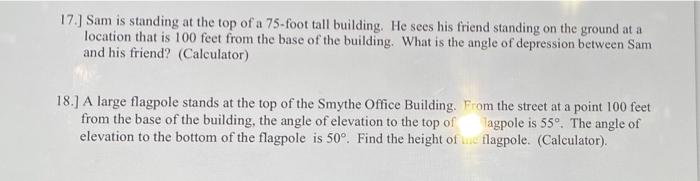 Solved 17.) Sam is standing at the top of a 75-foot tall | Chegg.com
