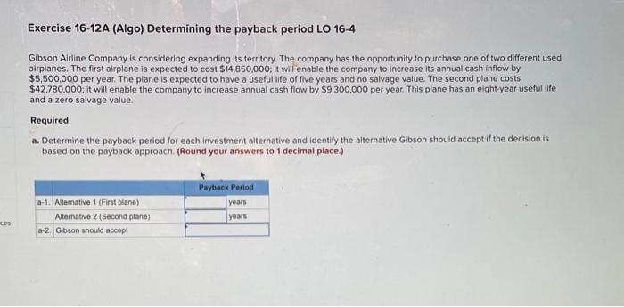 Solved Exercise 16-12A (Algo) Determining the payback period | Chegg.com