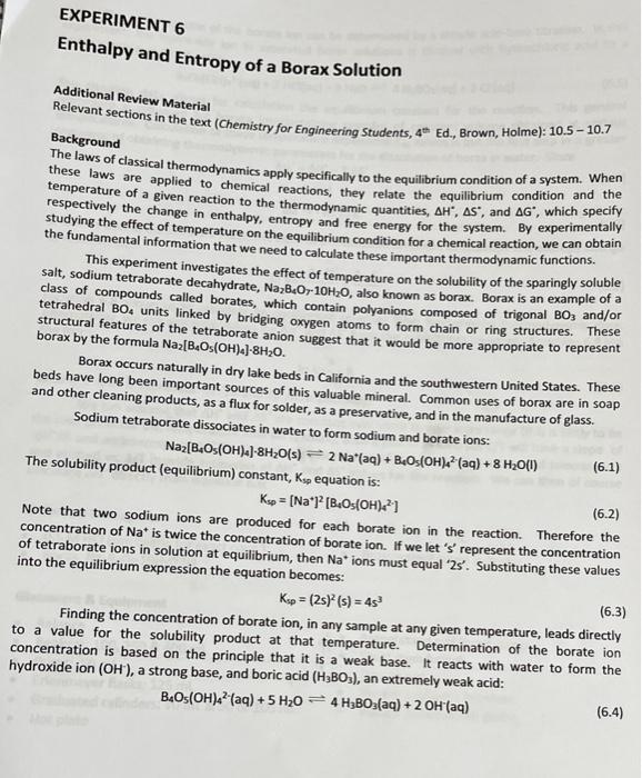 EXPERIMENT 6 Enthalpy and Entropy of a Borax Solution | Chegg.com
