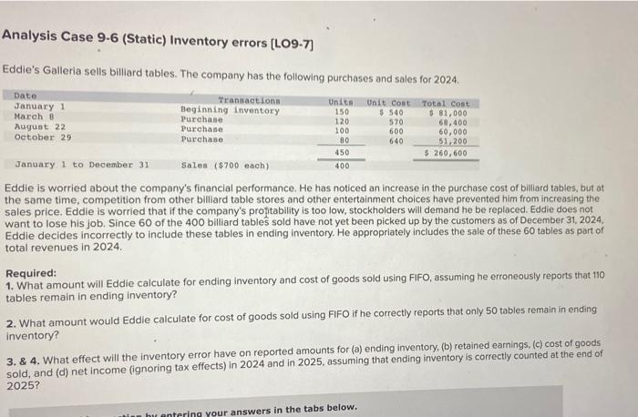 Solved Analysis Case 9-6 (Static) Inventory errors [LO9-7] | Chegg.com