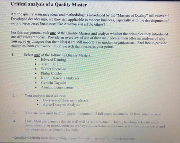 Solved Critical analysis of a Quality Master Are the quality | Chegg.com