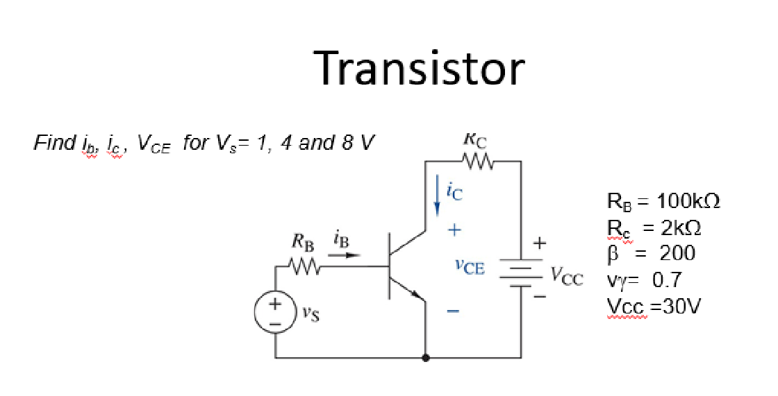 Solved TransistorFind ib,ic,VCE ﻿for Vs=1,4 ﻿and 8V | Chegg.com