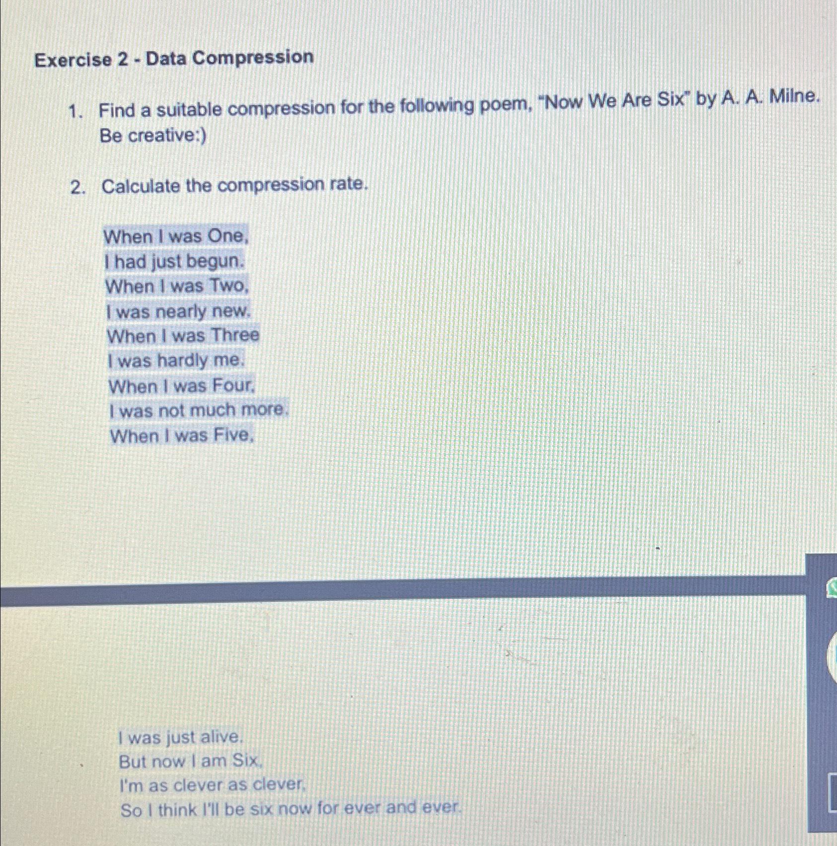 Solved Exercise 2 - ﻿Data CompressionFind a suitable | Chegg.com