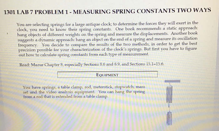 Solved 1301 LAB 7 PROBLEM 1 - MEASURING SPRING CONSTANTS TWO | Chegg.com