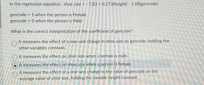Solved In the regression equation, shoe size =−7.83+0.273 | Chegg.com