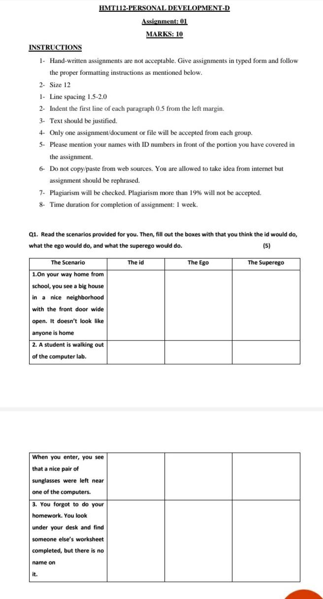Solved HMT112-PERSONAL DEVELOPMENT-D Assignment: 01 MARKS: | Chegg.com