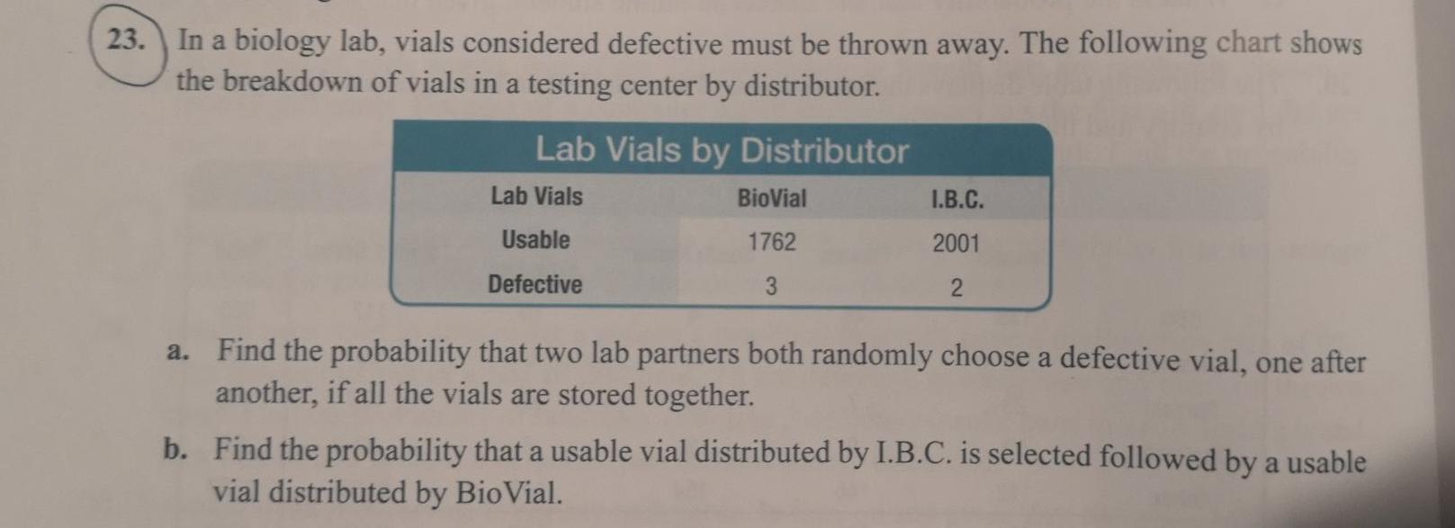 Solved 23. In a biology lab, vials considered defective must | Chegg.com