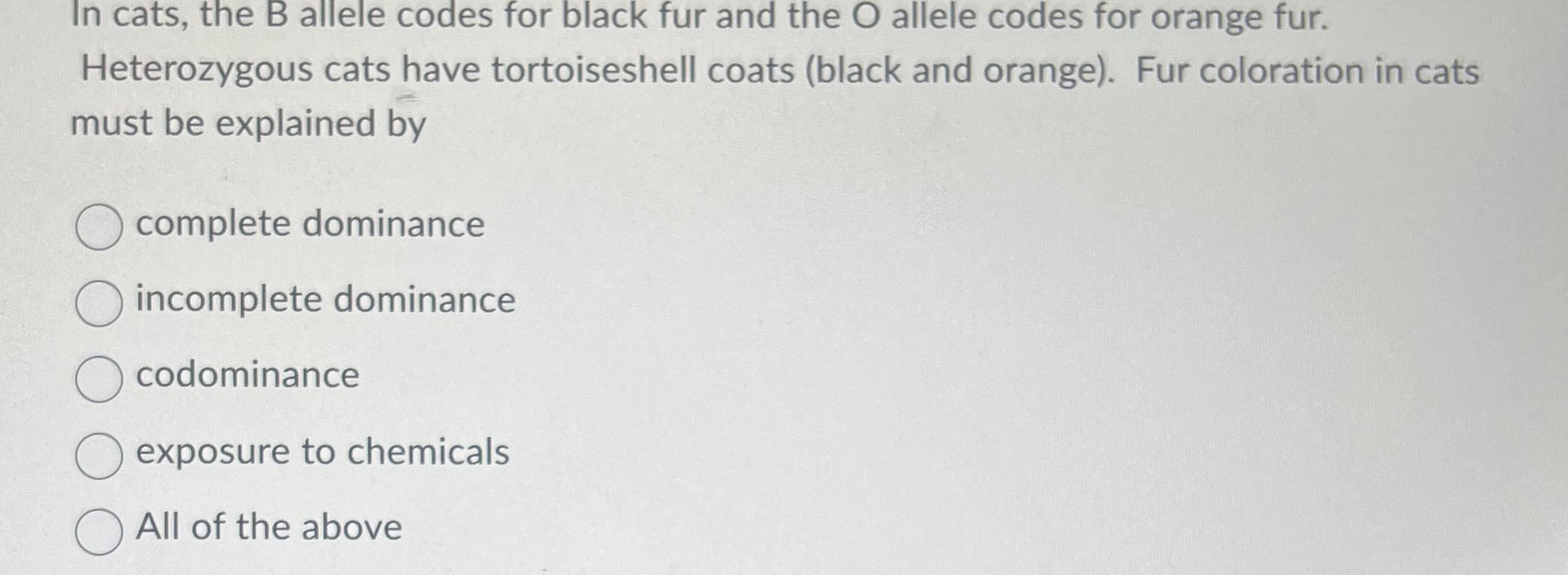 Solved In cats, the B ﻿allele codes for black fur and the O | Chegg.com
