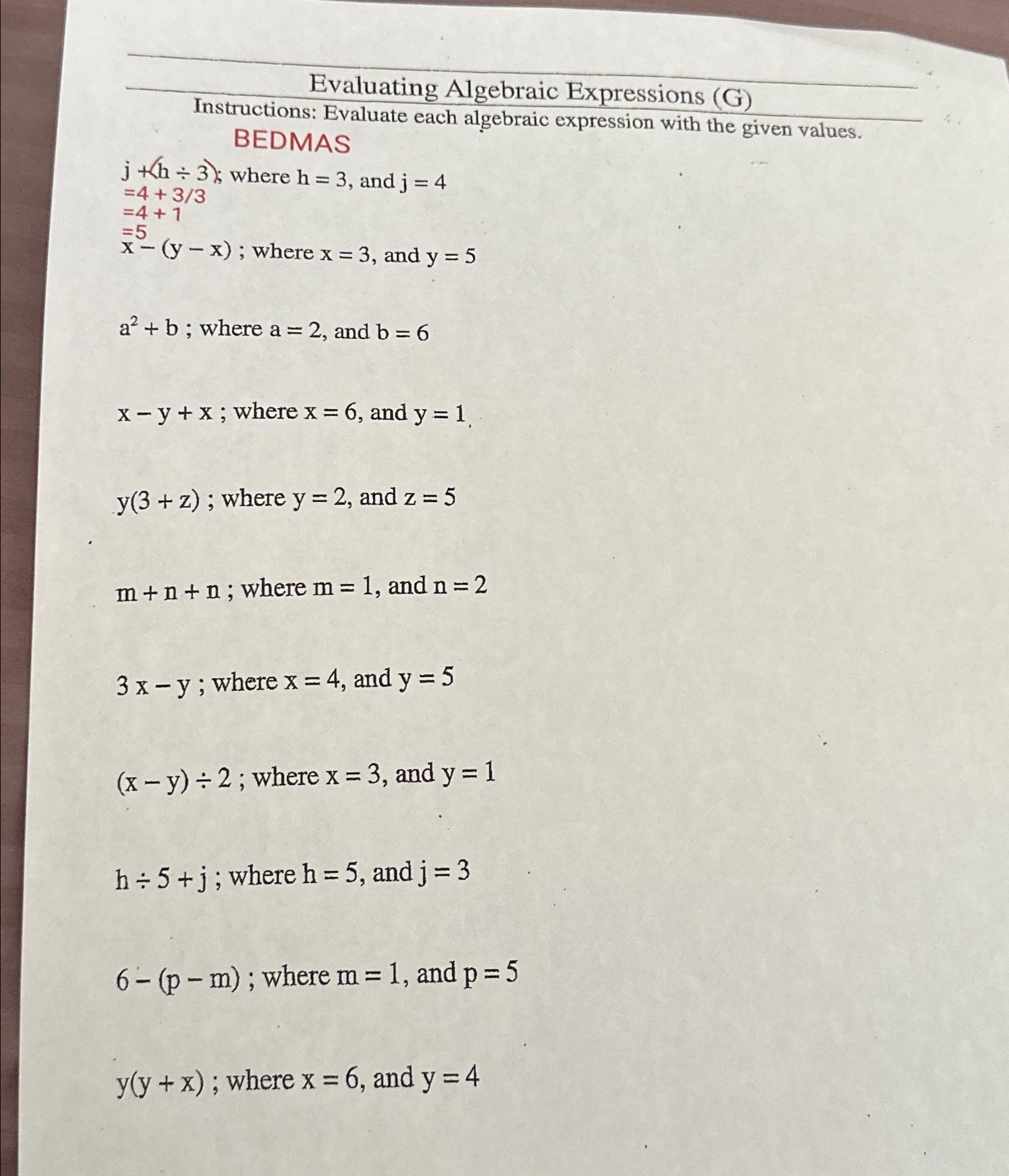 Solved Evaluating Algebraic Expressions (G)Instructions: | Chegg.com