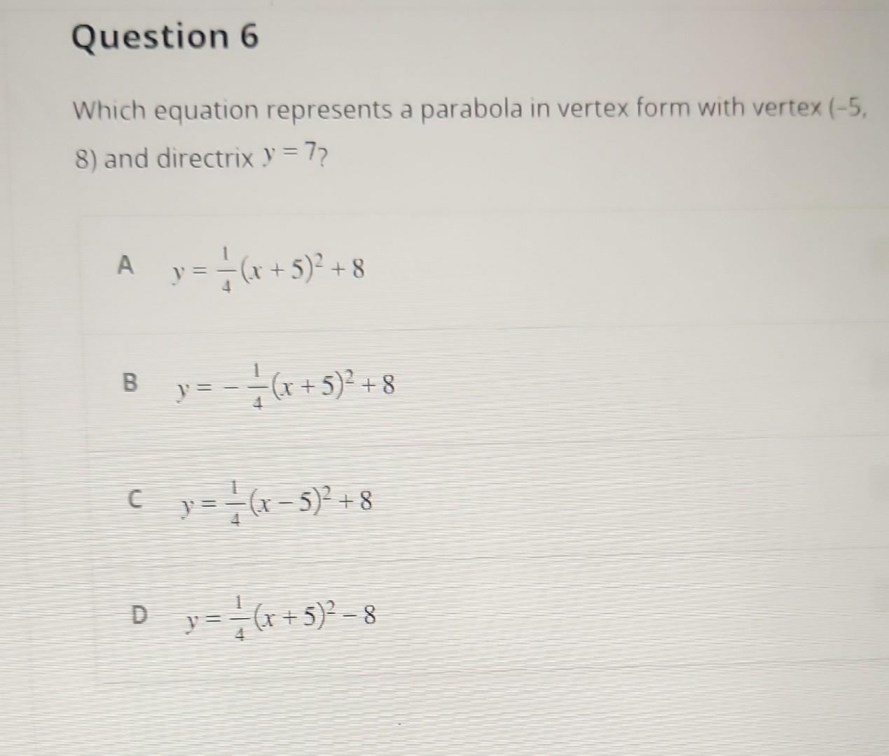 Solved Which equation represents a parabola in vertex form | Chegg.com