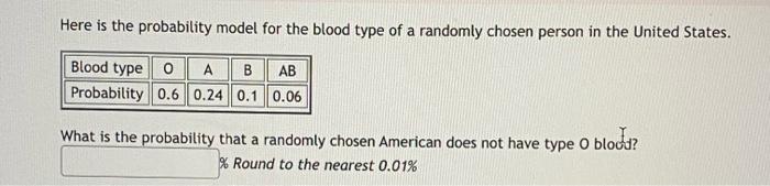 Solved Here is the probability model for the blood type of a | Chegg.com