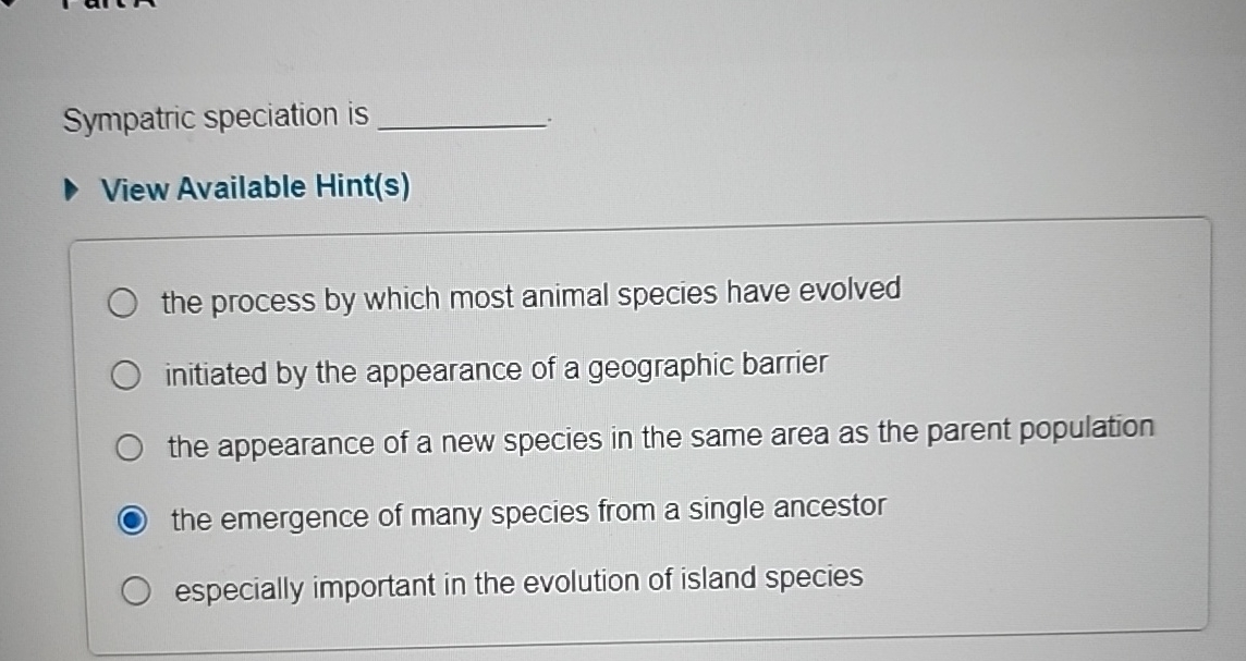 Solved Sympatric speciation isView Available Hint(s)the | Chegg.com