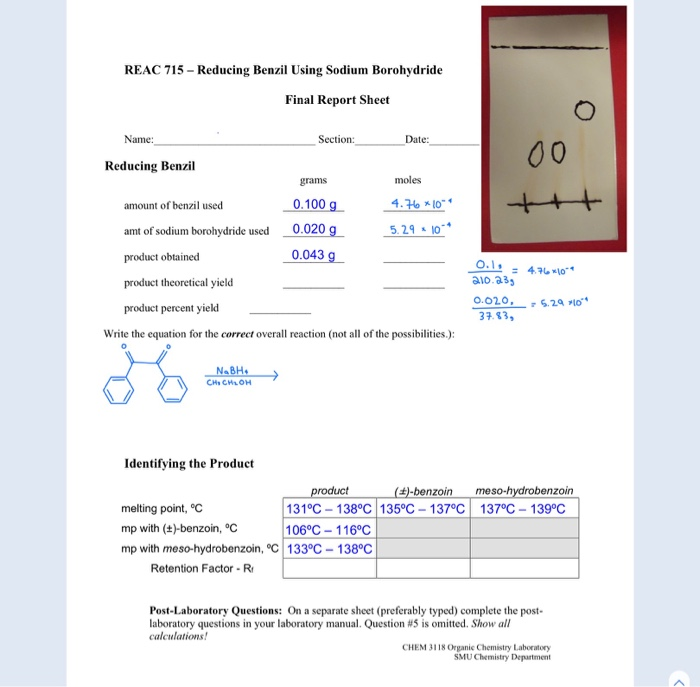 REAC 715 - Reducing Benzil Using Sodium Borohydride | Chegg.com