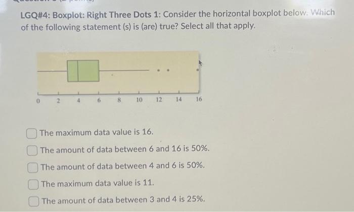 Solved LGQ\#4: Boxplot: Right Three Dots 1: Consider the | Chegg.com Solved LGQ\#4: Boxplot: Right Three Dots 1: Consider the | Chegg.com