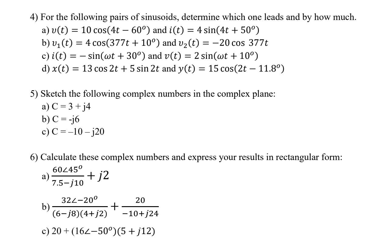 Solved 4) For the following pairs of sinusoids, determine | Chegg.com