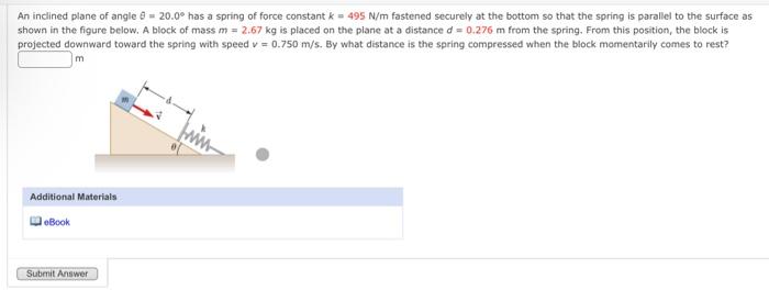 Solved An inclined plane of angle θ=20.0∘ has a spring of | Chegg.com
