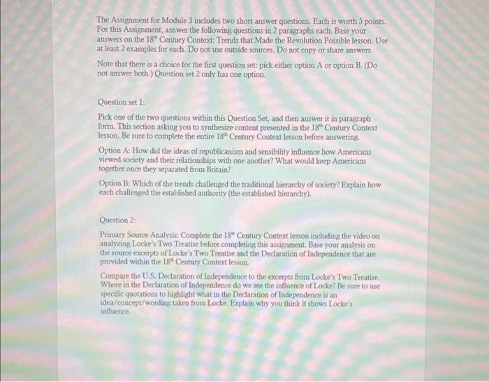 The Assignment for Module 3 includes two short-answer | Chegg.com